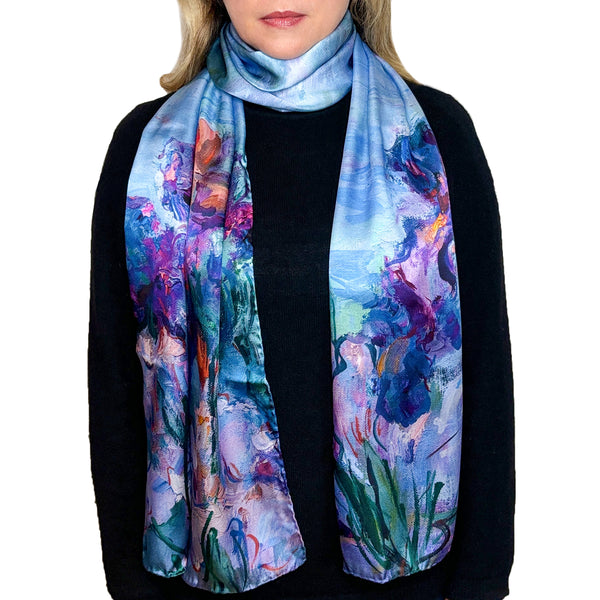 Original art on long Italian silk scarf 75 inches Graceful Irises ...