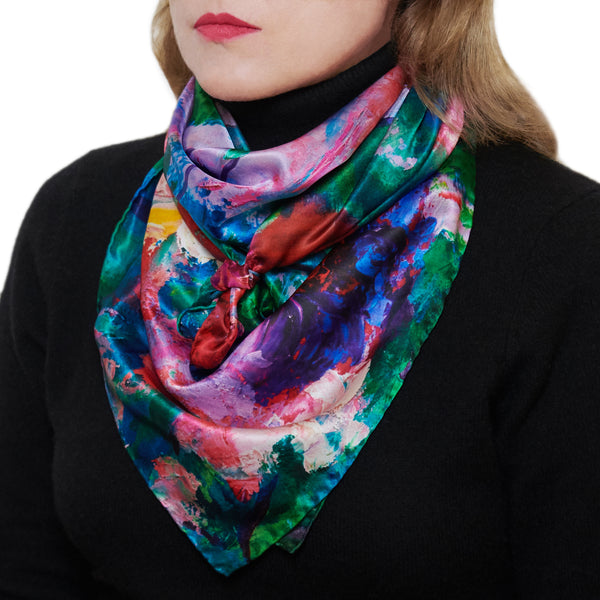 Original art on Italian silk scarf 35 inches square Enchanted Garden ...